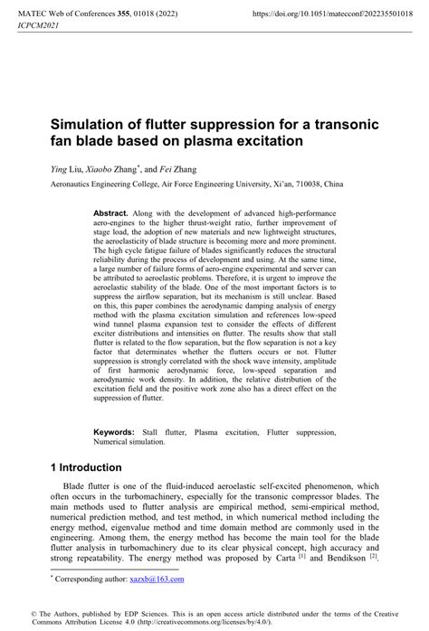 Pdf Simulation Of Flutter Suppression For A Transonic Fan Blade Based