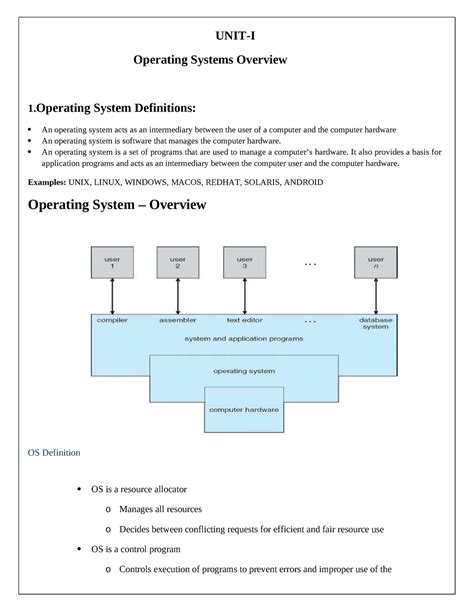 Os Unit I For Overview Unit I Operating Systems Overview 1 System