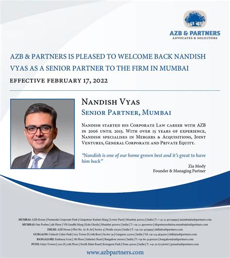 Azb And Partners On Linkedin We Are Delighted To Welcome Back Nandish Vyas As A Senior Partner To