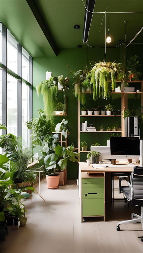 Green Workspace With Indoor Plants Premium Ai Generated Image