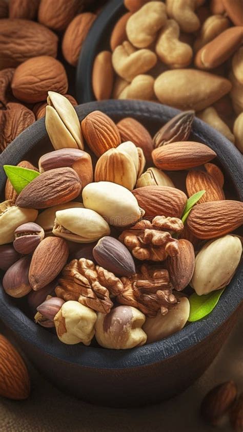 Texture Of Nuts Assorted Nuts In A Wooden Cup Macro Stock Illustration