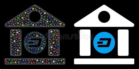 glowing mesh network dash bank building icon with flash spots stock