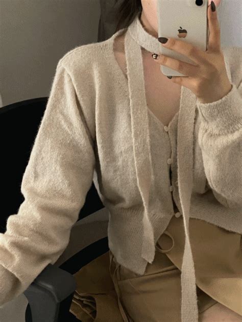 울 브이넥 타이 가디건 2colors 니트 가디건 단추 가디건 브이넥 가디건 머플러 가디건 머플러 니트 타이 니트