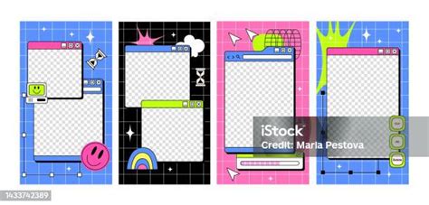 Y2k 스타일의 스토리 템플릿입니다 레트로 웨이브 일정 디자인 템플릿 산성 밝은 디자인 2000년대 스타일에 대한 스톡 벡터 아트 및 기타 이미지 2000년대 스타일