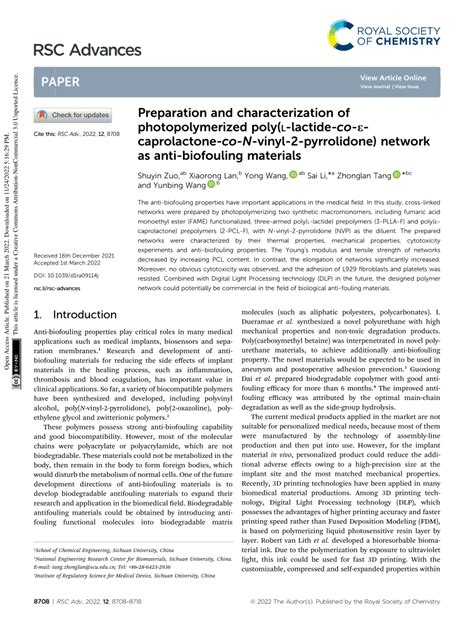 Pdf Preparation And Characterization Of Photopolymerized Poly L Lactide Co ε Caprolactone