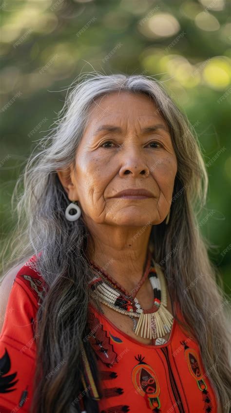 Portrait Of An Indigenous Woman With Long Grey Hair Wearing Traditional