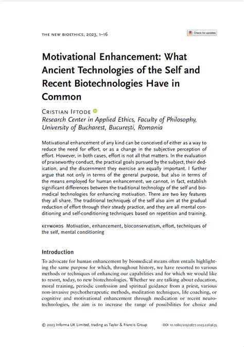 Motivational Enhancement What Ancient Technologies Of The Self And Recent Biotechnologies Have