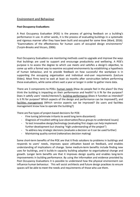 Environment And Behaviour Post Occupancy Environment And Behaviour