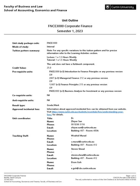 Fnce3000 Corporate Finance Semester 1 2023 Bentley Perth Campus Int Pdf Academic Integrity