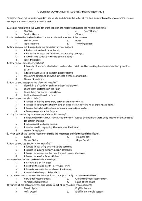 Quarterly Examination In Tle Corrected Quarterly Examination In Tle Dressmaking Tailoring 8