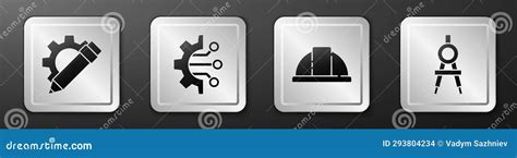 Set Pencil And Gear Algorithm Worker Safety Helmet And Drawing