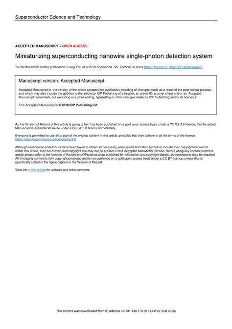 Pdf Miniaturizing Superconducting Nanowire Single Photon Detection System