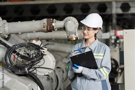 Industrial Manufacturing Robotic Arms Maintaining Female Engineer Holding And Working With