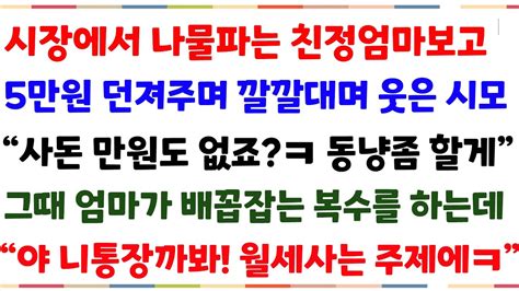 신청사연 시장에서 나물파는 친정엄마보고 5만원 던져주며 웃은 시모 사돈 만원도없지 라고 하자 엄마가 참교육하는데 니 통장