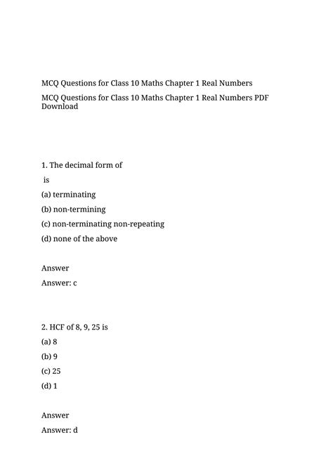 SOLUTION Class Th Chapter No REAL NUMBER Full Mcq Question With Answer And Explanation