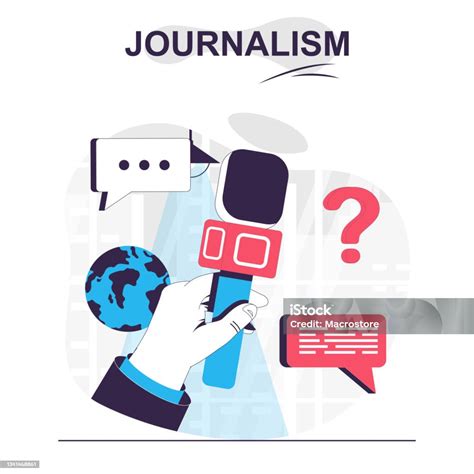 저널리즘 고립 만화 개념 기자 회견에서 마이크를 들고 기자 평면 디자인의 사람들 장면 블로깅 웹 사이트 모바일 앱 홍보 자료에 대한 벡터 일러스트레이션 개념에 대한 스톡