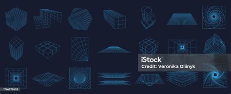 와이어프레임 그리드 요소 3d 메쉬 구조 사이버 기하학적 평면 및 80년대 기술 미학의 큐브 모양 편집 가능한 획 패스가 있는