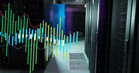 Animation Of Multicolored Graphs Over Data Server Racks In Server Room