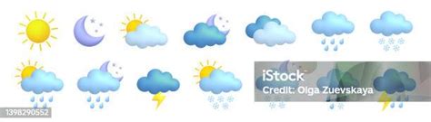 귀여운 3d 만화 날씨 아이콘 큰 세트 태양 달 무지개 번개 구름 비 눈 바람 뇌우 0명에 대한 스톡 벡터 아트 및 기타 이미지 Istock