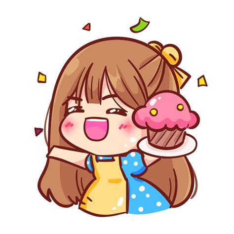 컵케익 베이커 베이커리 귀여운 요리사 달콤한 음식 만화 손으로 그리는 예술 그림을 들고 명랑 소녀 무료 벡터