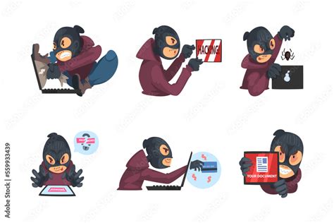 Masked Hacker Hacking Devices For Stealing Information And Money Cyber Crime Security Cartoon