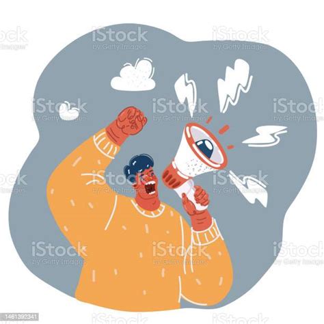 화난 남자의 벡터 삽화는 큰 소리로 말하고 비명을 지르고 발표하고 사회 문제에 주의를 기울이는 입 근처에 확성기를 들고 있습니다 남자에 대한 스톡 벡터 아트 및 기타 이미지
