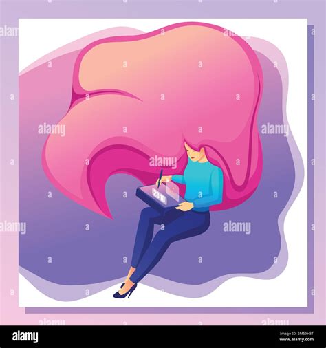 Isometric Bright Concept Young Woman Designer Freelancer Draws On Tablet Stock Vector Image