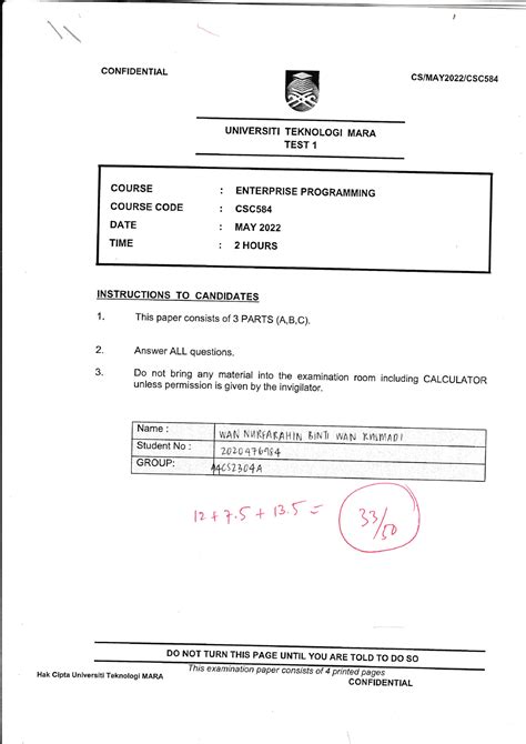 Test 1 Enterprise Programming I T Confidential W Csmay2022icsc