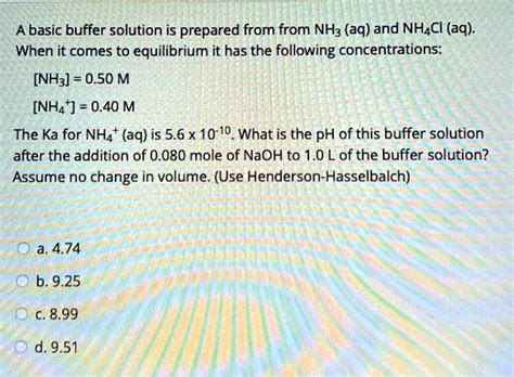 solved a basic buffer solution is prepared from from nhz aq and
