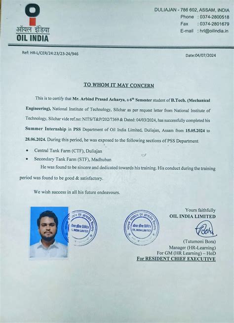 Arbind Prasad Acharya On Linkedin Internship Oilindialimited Industryexperience Nitsilchar