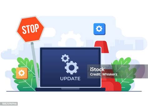 소프트웨어 업데이트 화면 평면 벡터 일러스트 레이 션 시스템 유지 보수 업데이트 프로세스 소프트웨어 설치 운영 체제가있는 노트북 컴퓨터 개발에 대한 스톡 벡터 아트 및 기타