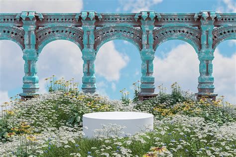 Abstact 3d는 봄 장면과 자연 배경 다채로운 꽃과 잔디밭 배경 로마 아치 구름 및 하늘에 돌 연단을 렌더링하여 제품 디스플레이 광고 화장품 등을 제공합니다 3차원