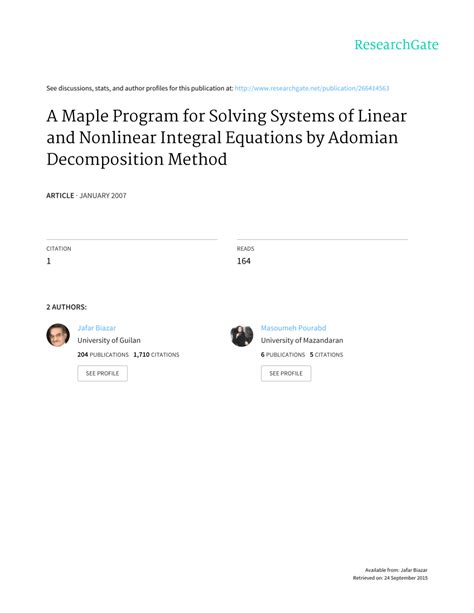 Pdf A Maple Program For Solving Systems Of Linear And Nonlinear Integral Equations By Adomian