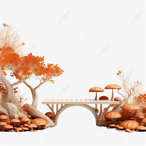 3d Render Autumn Bridge Background With Tree Flying Leaves Bench Toadstools And Copy Space 3d