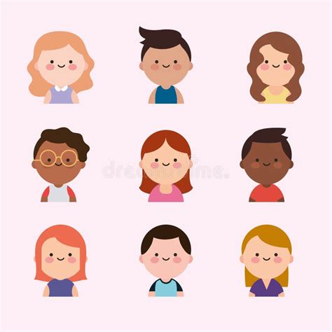 Cute Kawaii Male And Female Avatar Set In Flat Style Stock Illustration