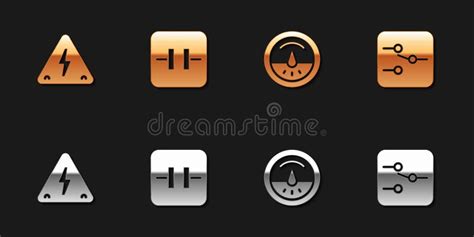 Set High Voltage Electrolytic Capacitor Electric Meter And Switch In Electronic Circuit Icon