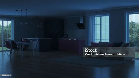 현대 집 인테리어입니다 핑크 주방입니다 밤입니다 저녁 조명입니다 인공 광원 3d 렌더링입니다 0명에 대한 스톡 사진 및 기타 이미지 Istock