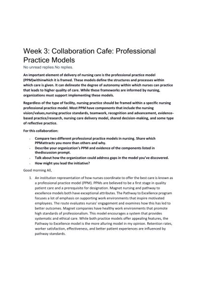 nr 531 week 3 collaboration cafe professional practice models course