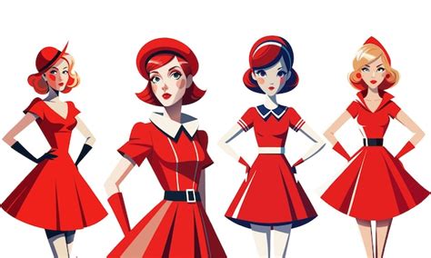 Set Of Cute Cartoon Girl Wearing Red Dress Vector Illustration