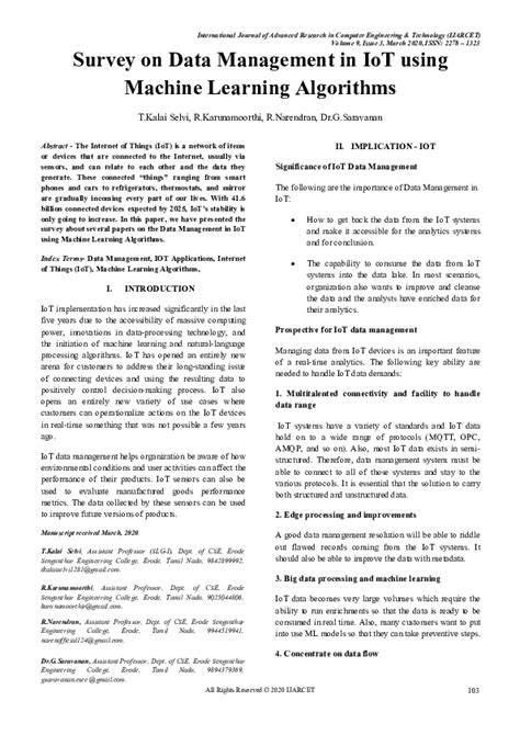 Pdf Survey On Data Management In Iot Using Machine Learning Algorithms