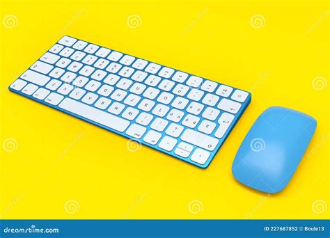 Modern Blue Aluminum Computer Keyboard And Mouse Isolated On Yellow Background Stock