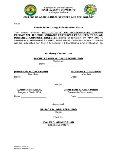 Thesis Monitoring Evaluation Form 1 Pdf
