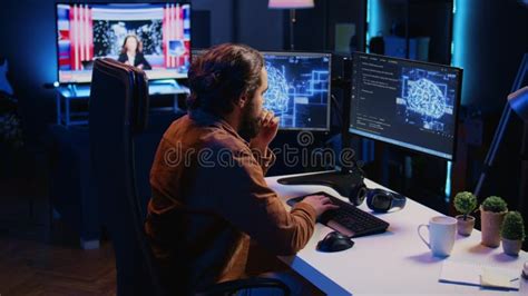freelancing programmer writes artificial intelligence code on desktop