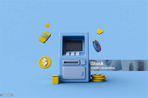 은행 업무와 기술의 파란색 배경 개념에 Atm 기계 3d 렌더링 현금 자동 입출금기에 대한 스톡 사진 및 기타 이미지 현금 자동 입출금기 3차원 형태 만화 Istock
