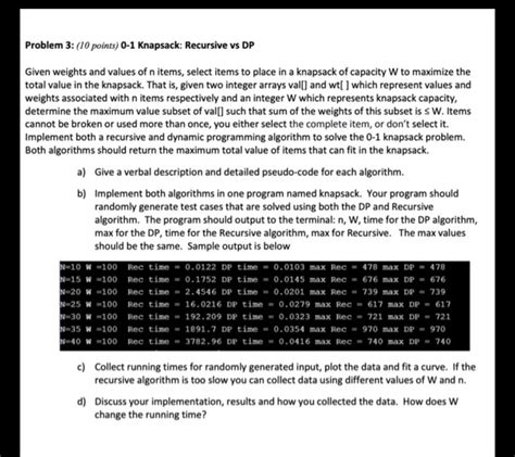 Solved Problem 3 10 Points 0 1 Knapsack Recursive Vs Dp