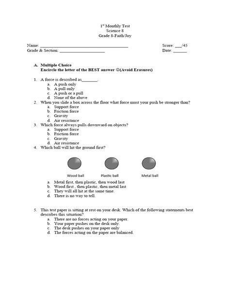 1st Monthly Test Science 8 Pdf Force Mass