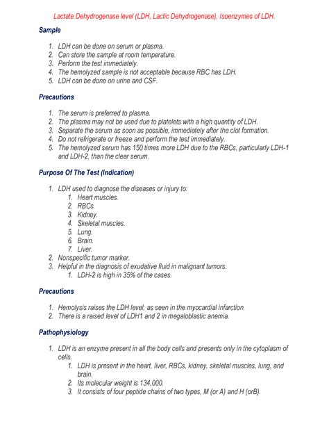 Lab Investigation LDH Lactate Dehydrogenase Level LDH Lactic Dehydrogenase Isoenzymes Of