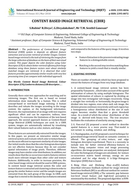 Irjet Content Based Image Retrieval Cbir Pdf