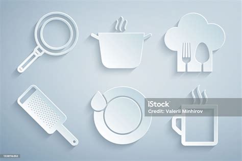 세정 요리 포크와 숟가락을 곁들인 셰프 모자 그강 커피 컵 요리 냄비 및 프라이팬 아이콘을 설정합니다 벡터 3차원 형태에 대한 스톡 벡터 아트 및 기타 이미지 Istock