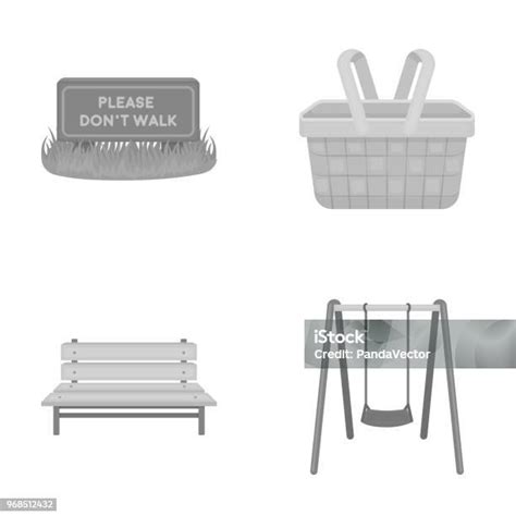 기호 음식 바구니 벤치 그네의 잔디 공원 흑백 스타일 벡터 기호 재고 일러스트 레이 션 웹에서 컬렉션 아이콘을 설정합니다 0명에 대한 스톡 벡터 아트 및 기타 이미지